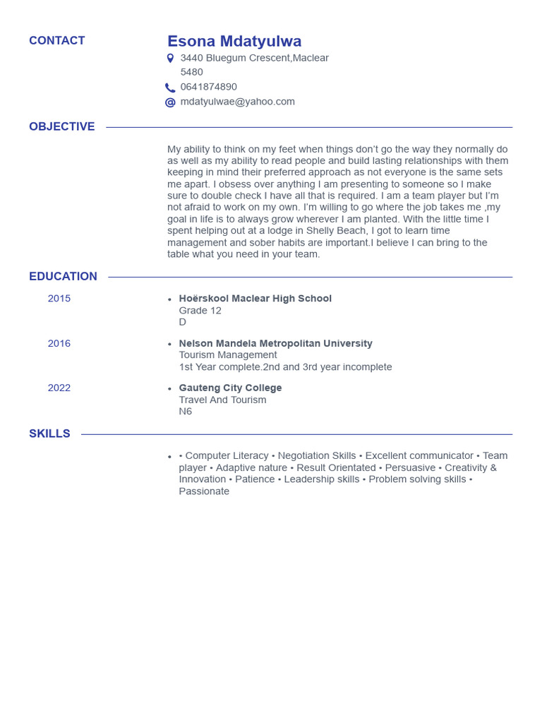 Esona Mdatyulwa: Skills & Education Profile | PDF
