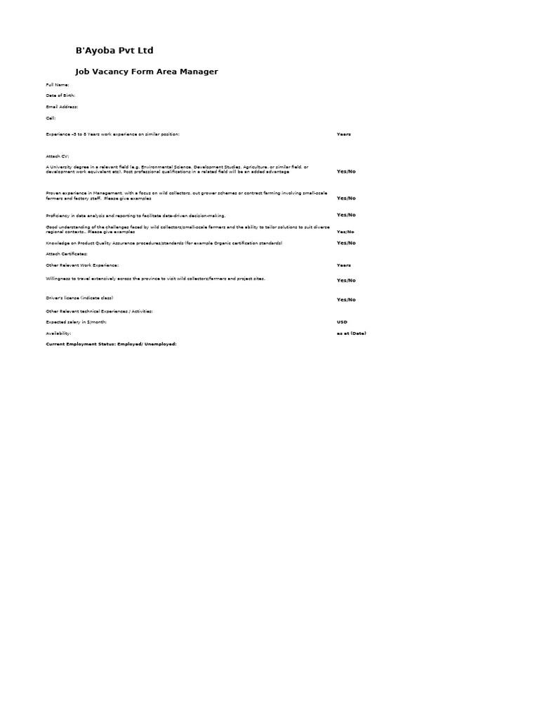 Application Form Area Manager BAyoba Excel Sheet 170325 | PDF ...