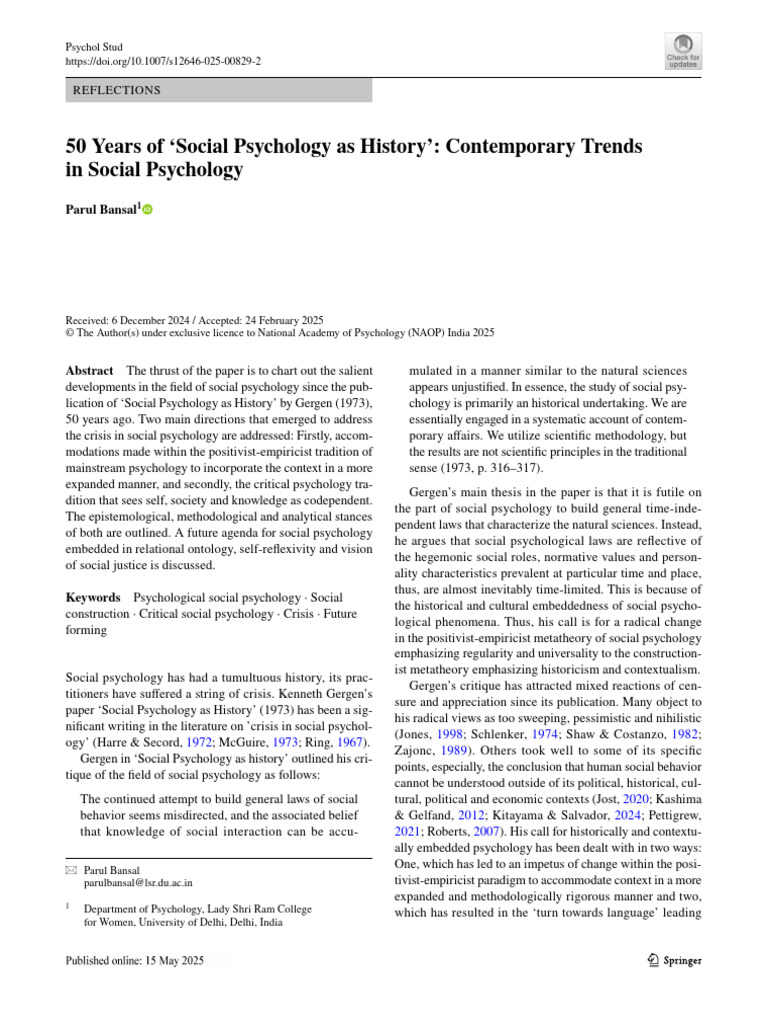 Bansal - 2025 - 50 Years of Social Psychology As History' Contemporary ...