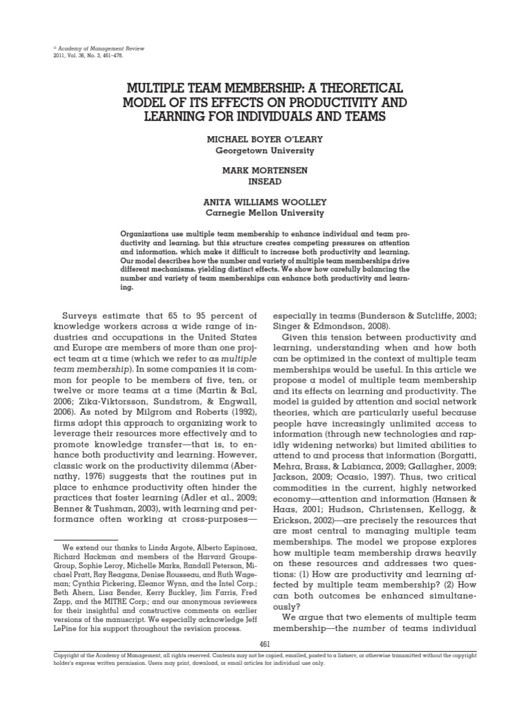 Multiple Team Membership - A Theoretical Model of Its Effects On ...