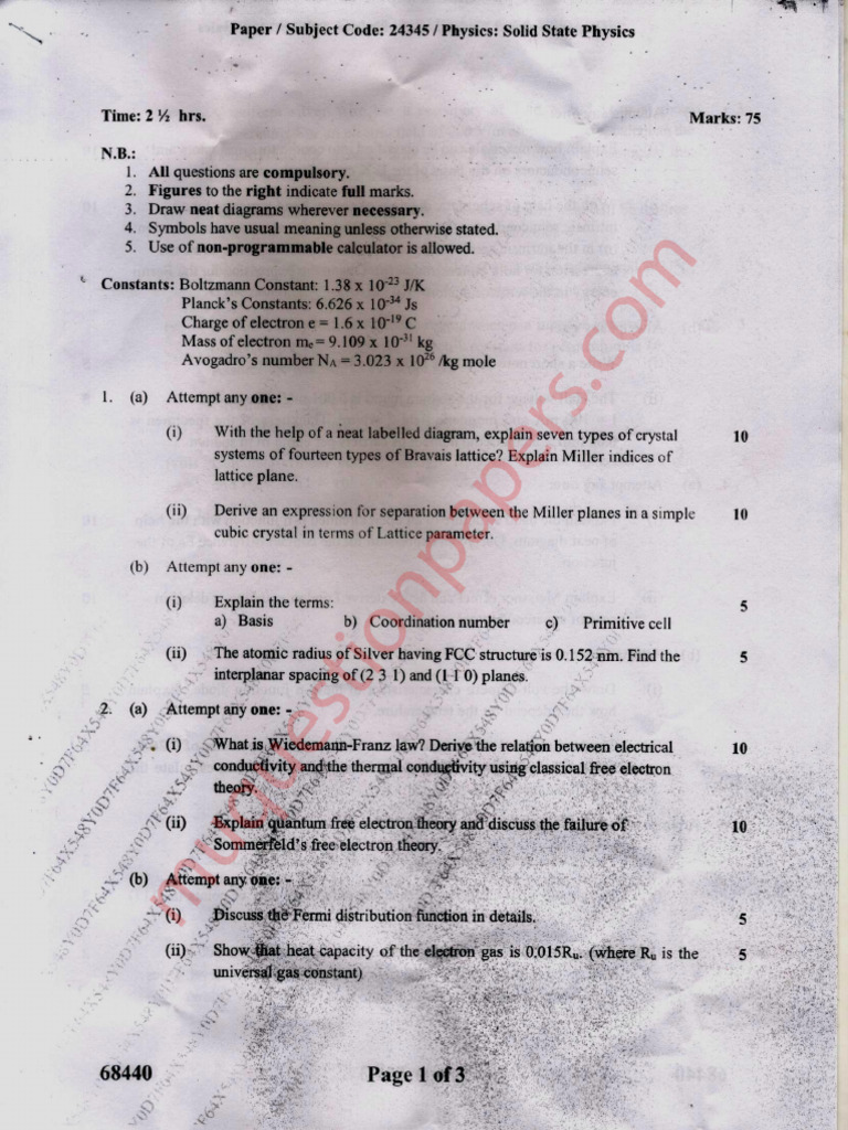 Science BSC Physics Semester 5 2024 November Solid State Physics R 2024 ...