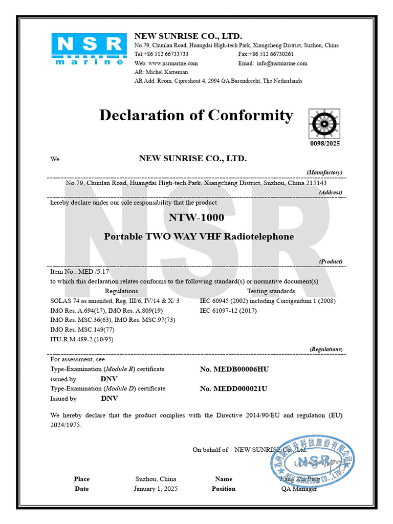Declaration of Conformity for NTW-1000 VHF | PDF