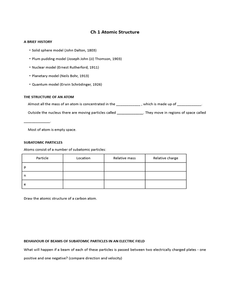 CH 1 Atomic Structure Handout | PDF | Atoms | Atomic Nucleus