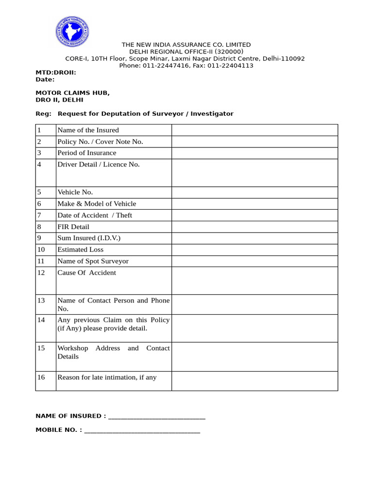 Motor Claims Surveyor Request Form | PDF