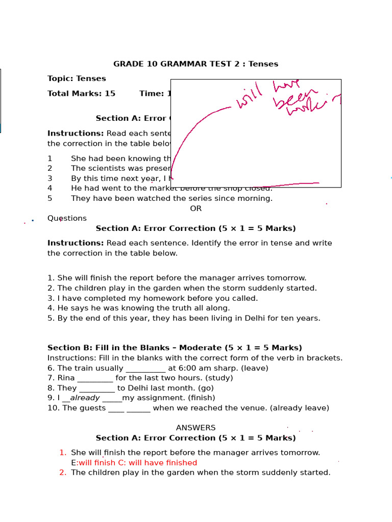 Grade 10 Tenses Grammar Test | PDF | Linguistics