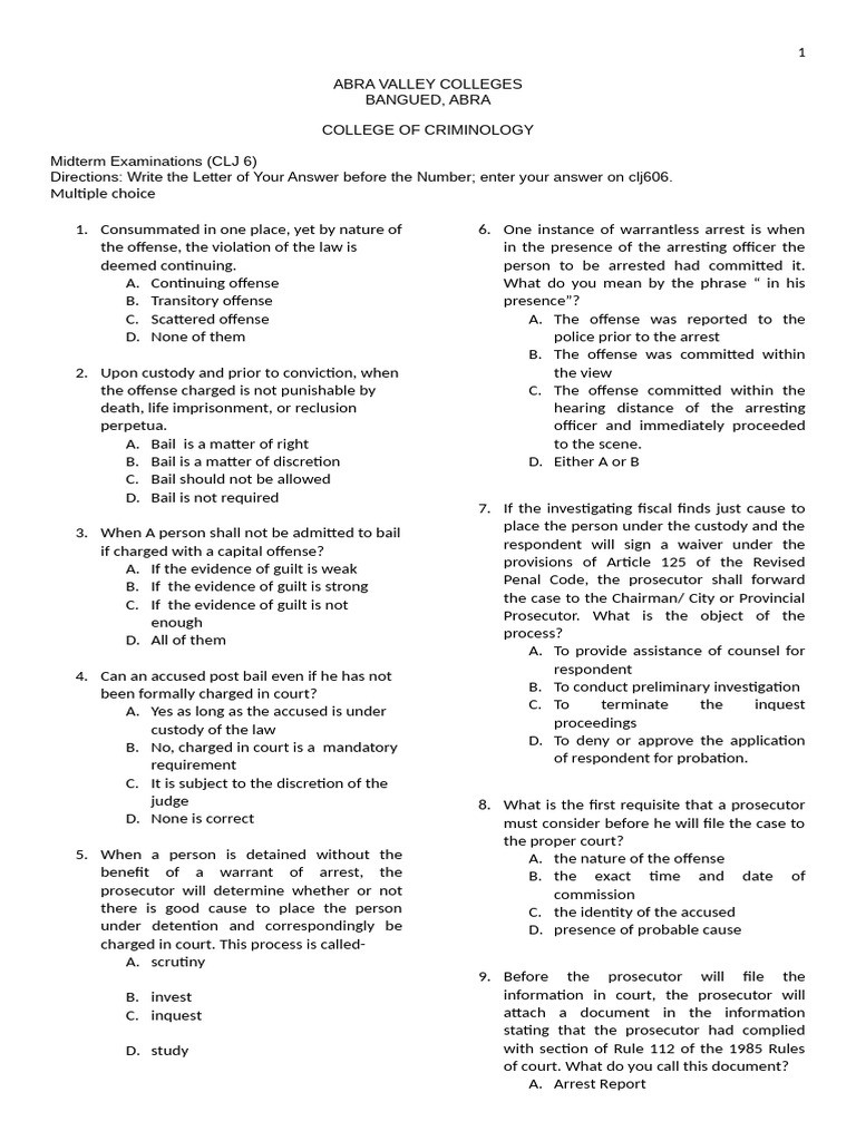 Criminology Midterm Exam Questions | PDF | Prosecutor | Arrest