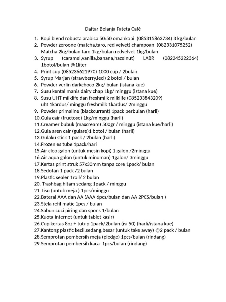 Daftar Belanja Fateta Café | PDF