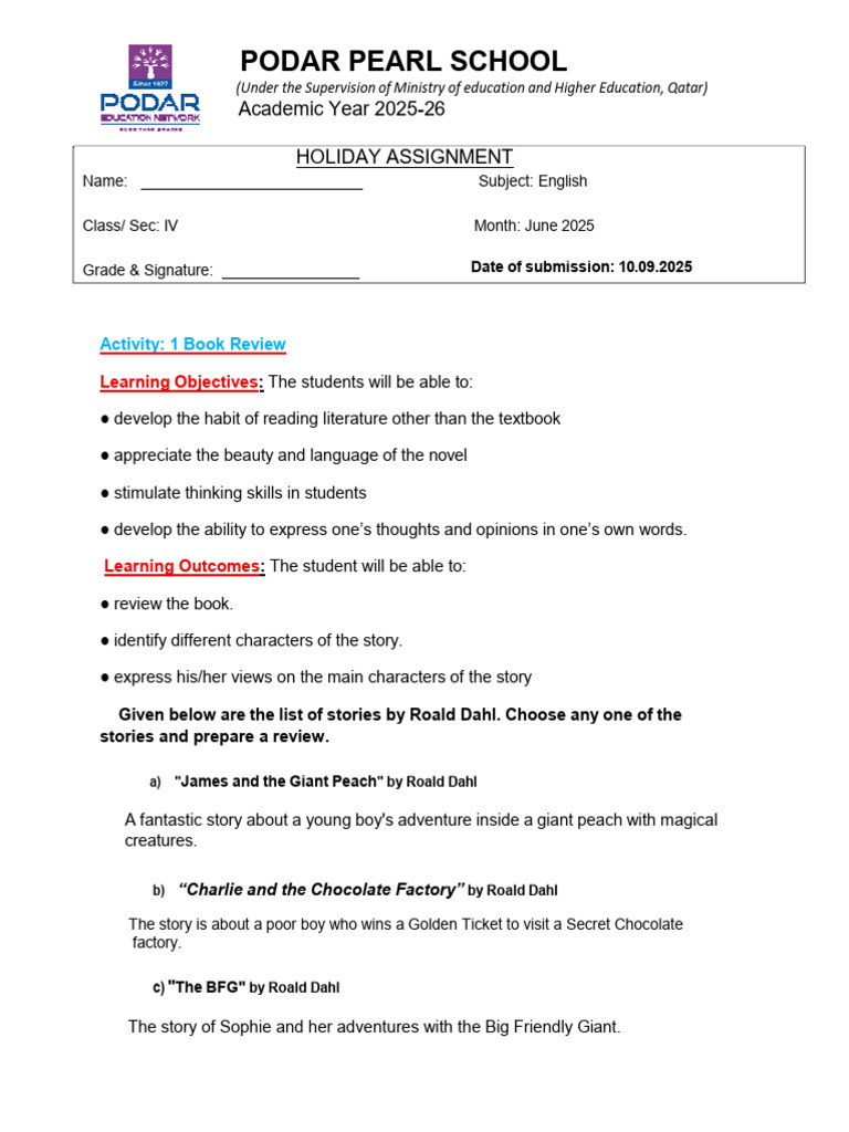 Grade 4 English - Holiday Assignment. | PDF