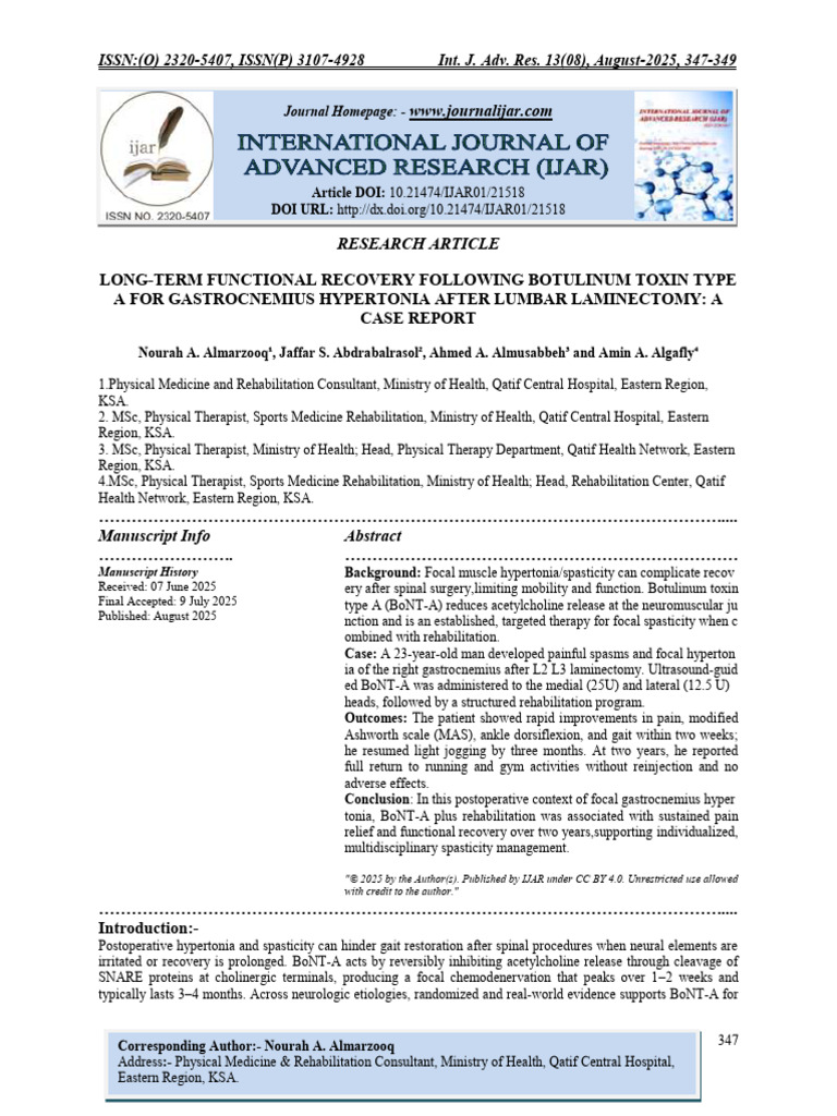 Long-Term Functional Recovery Following Botulinum Toxin Type A For ...