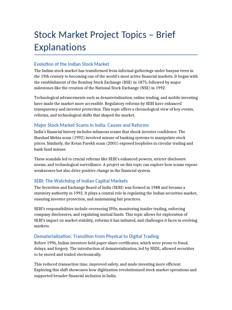 Key Topics in Indian Stock Market Projects | PDF | Investing | Stock Market