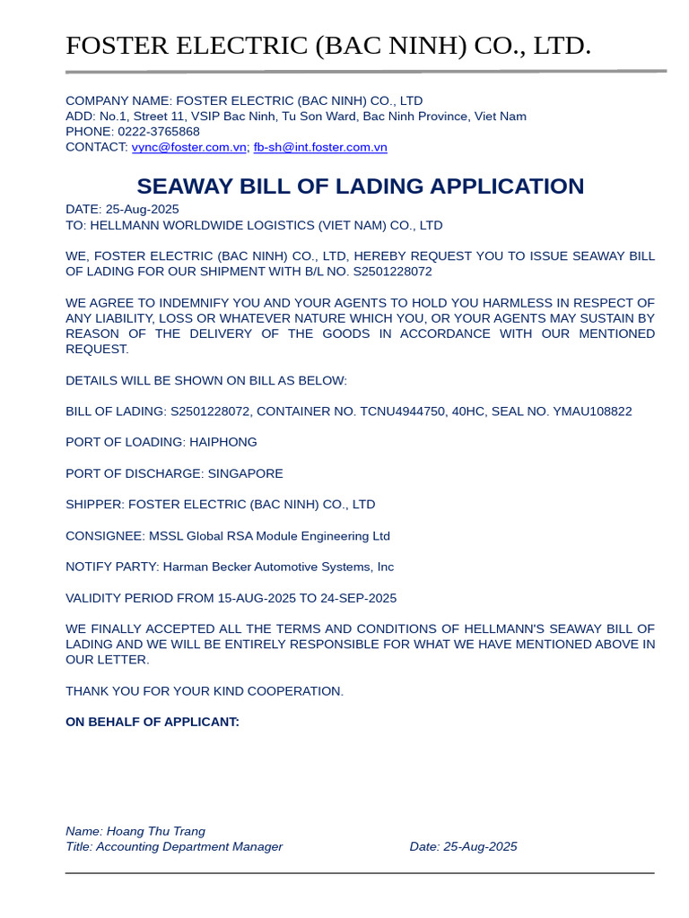 Seaway Bill Request for Shipment | PDF