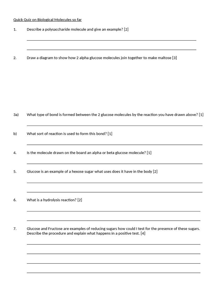 Quiz on Biological Molecules Concepts | PDF
