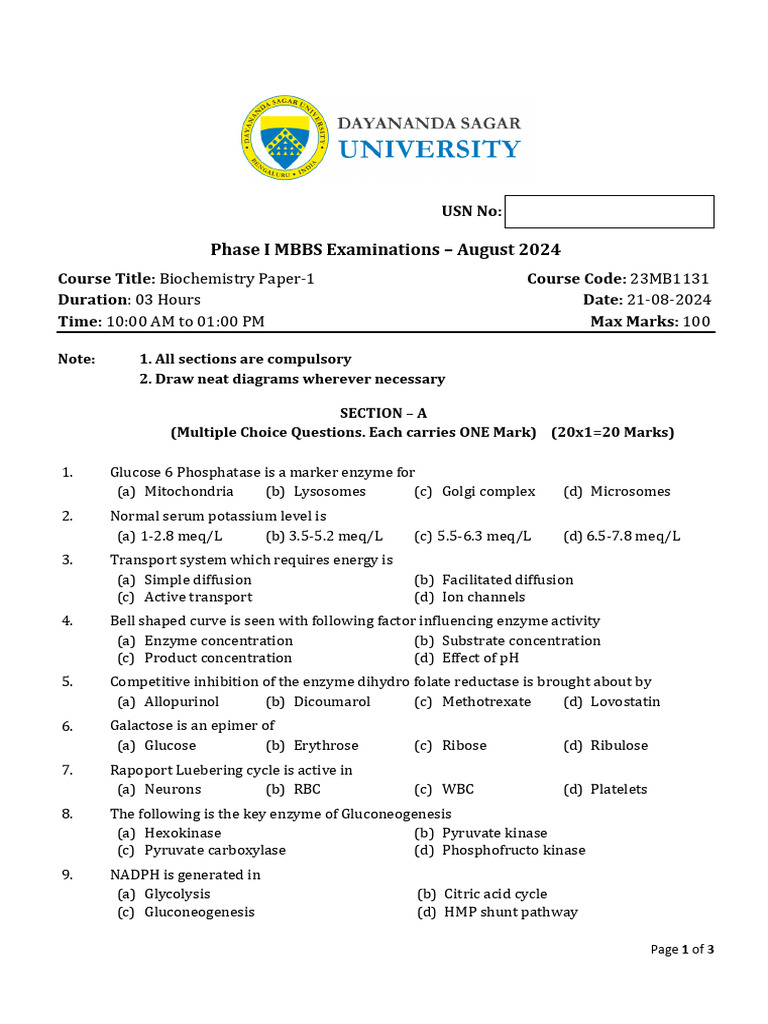 Biochemistry Paper-1 Exam August 2024 | PDF | Glycolysis | Biochemistry