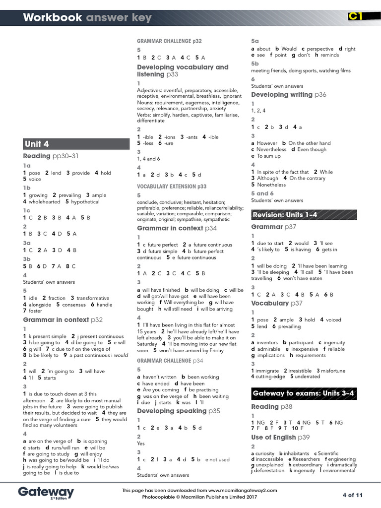 En V5 C1 Workbook Answer Key Unit 4 6 | PDF | Syntax | Linguistic ...