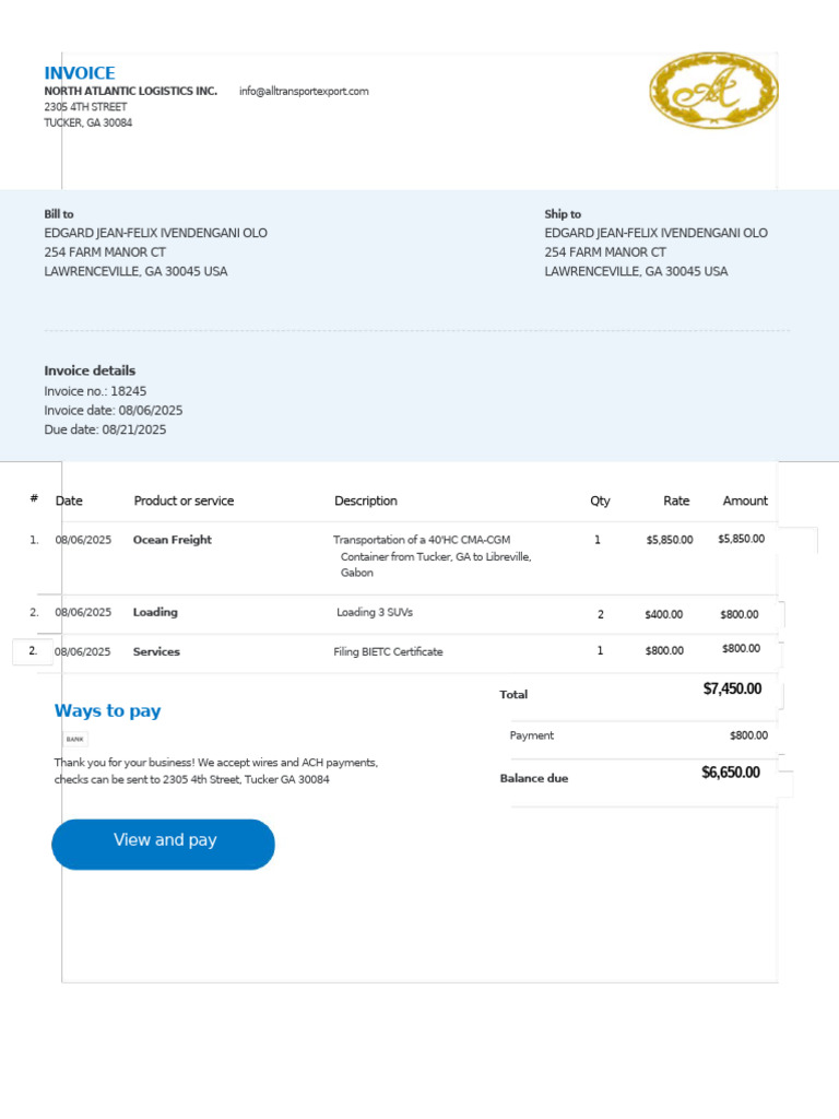 Invoice for Ocean Freight Services | PDF