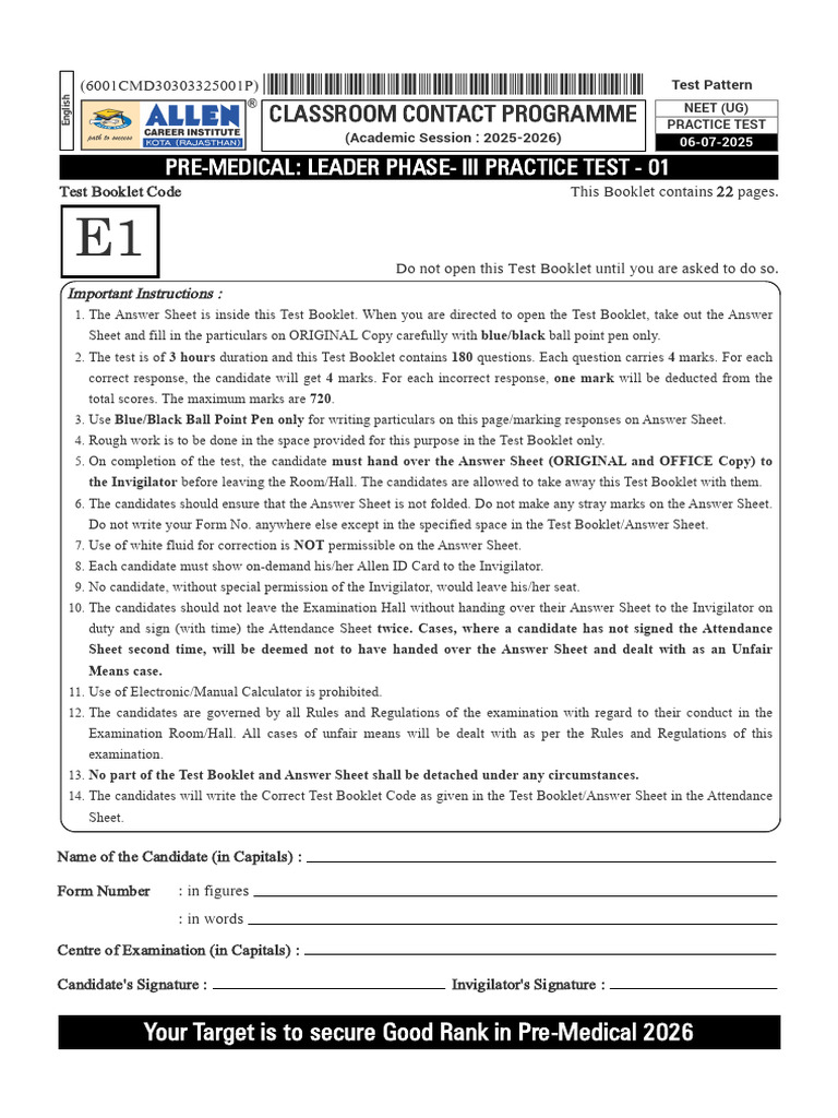 06 07 2025 Pre Medical Leader Phase III Practice Test 01 | PDF | Mirror ...