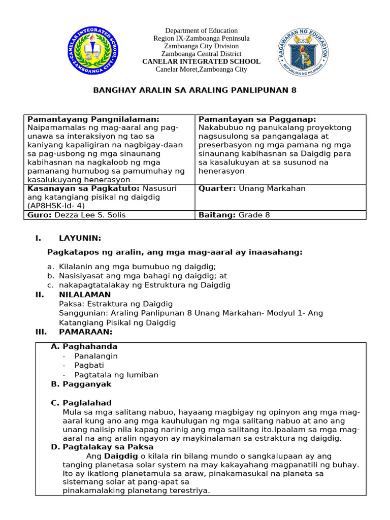Banghay Aralin Sa Araling Panlipunan 8 | PDF