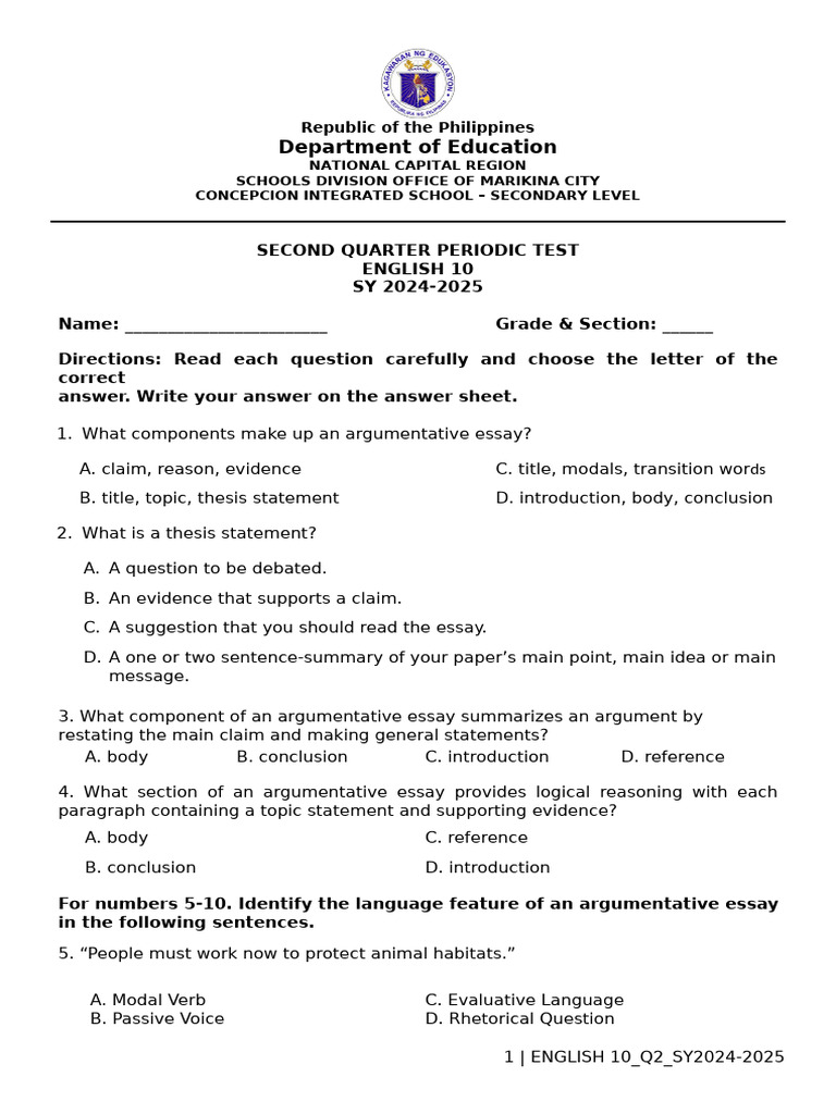 English 10 Argumentative Essay Test | PDF | Essays | Verb