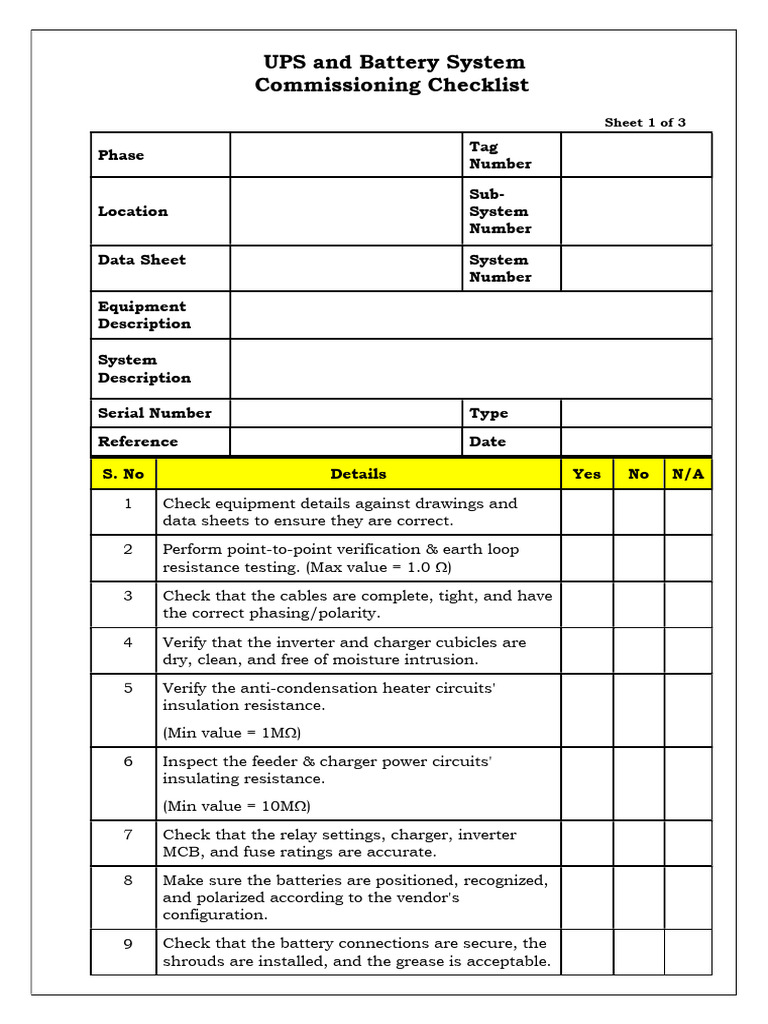 UPS and Battery System Checklist | PDF | Battery Charger | Fuse ...