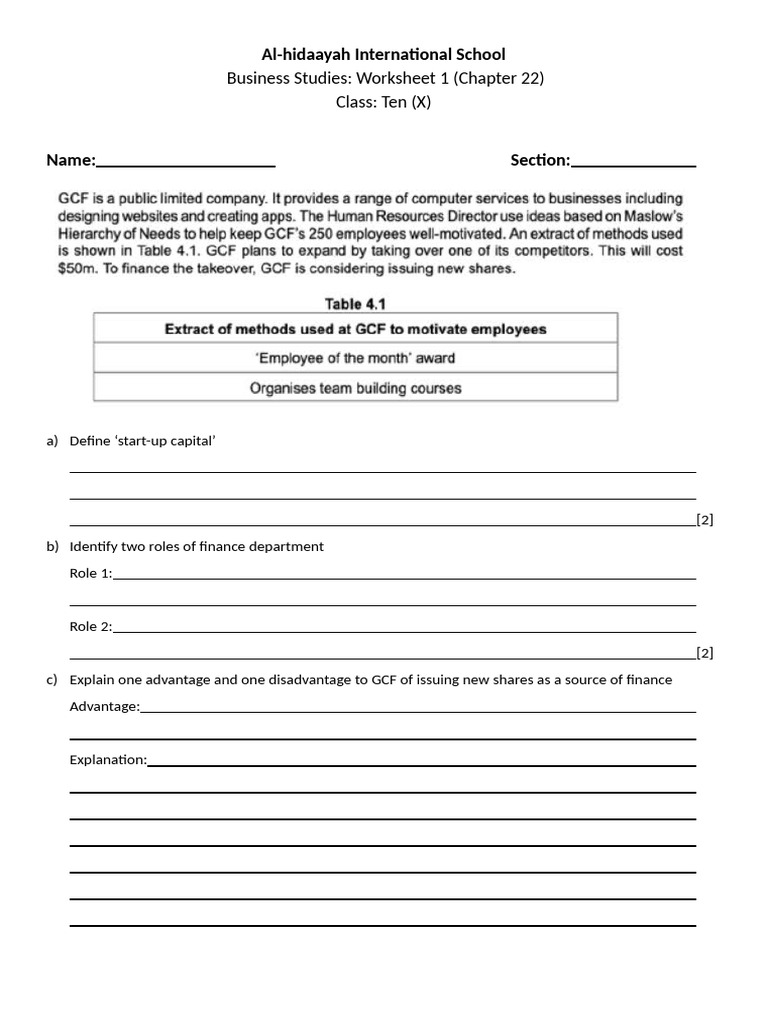 Business Studies Worksheet: Start-Up Capital | PDF