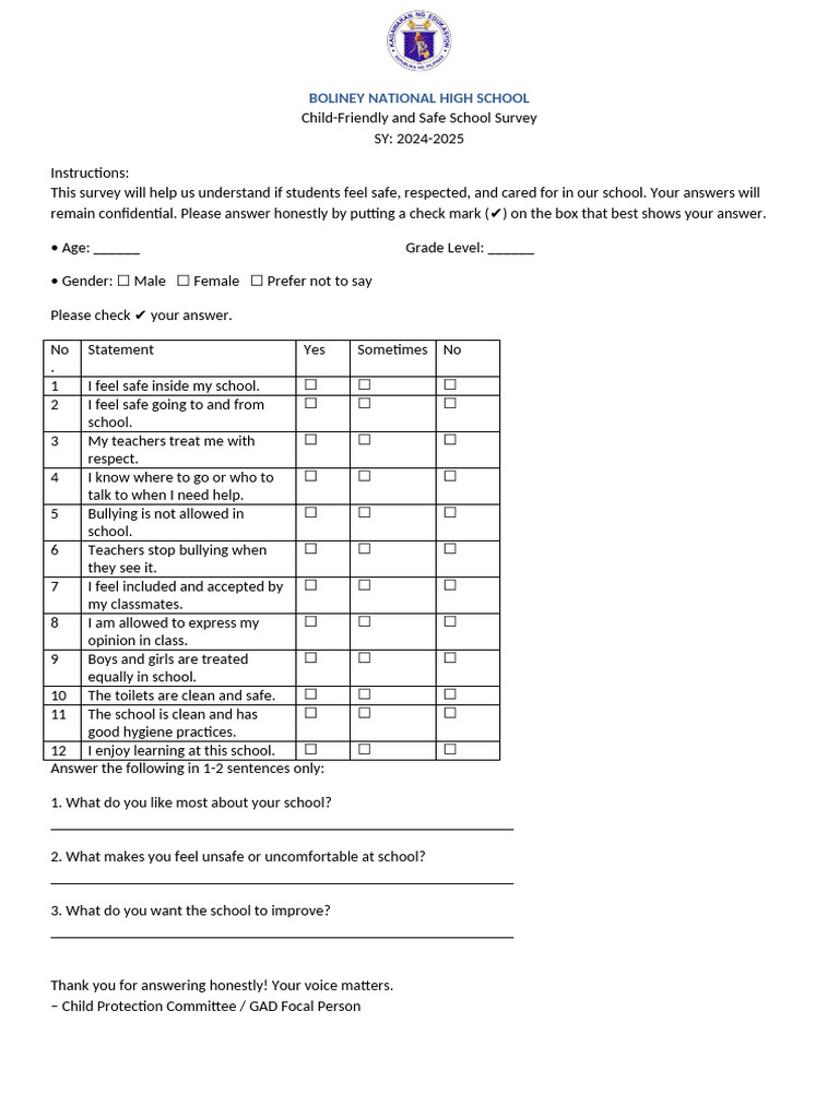 BOLINEY High School Safety Survey 2024-2025 | PDF