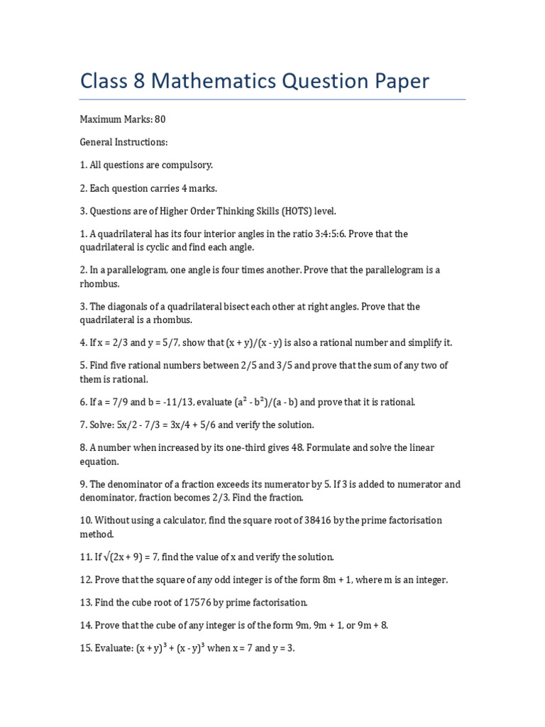 Class8 Maths QuestionPaper | PDF