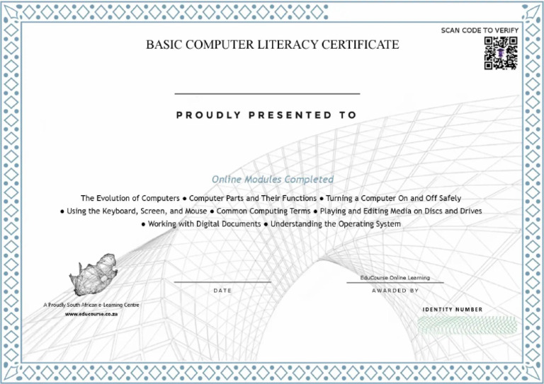 Basic Computer Course Verified Certificate - Computer Literacy Course ...