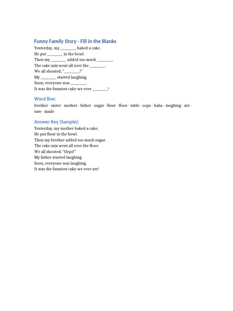 Funny Family Story Fill Blanks | PDF
