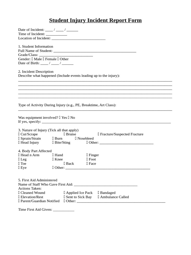 Student Injury Incident Report Form | PDF | First Aid | Chess