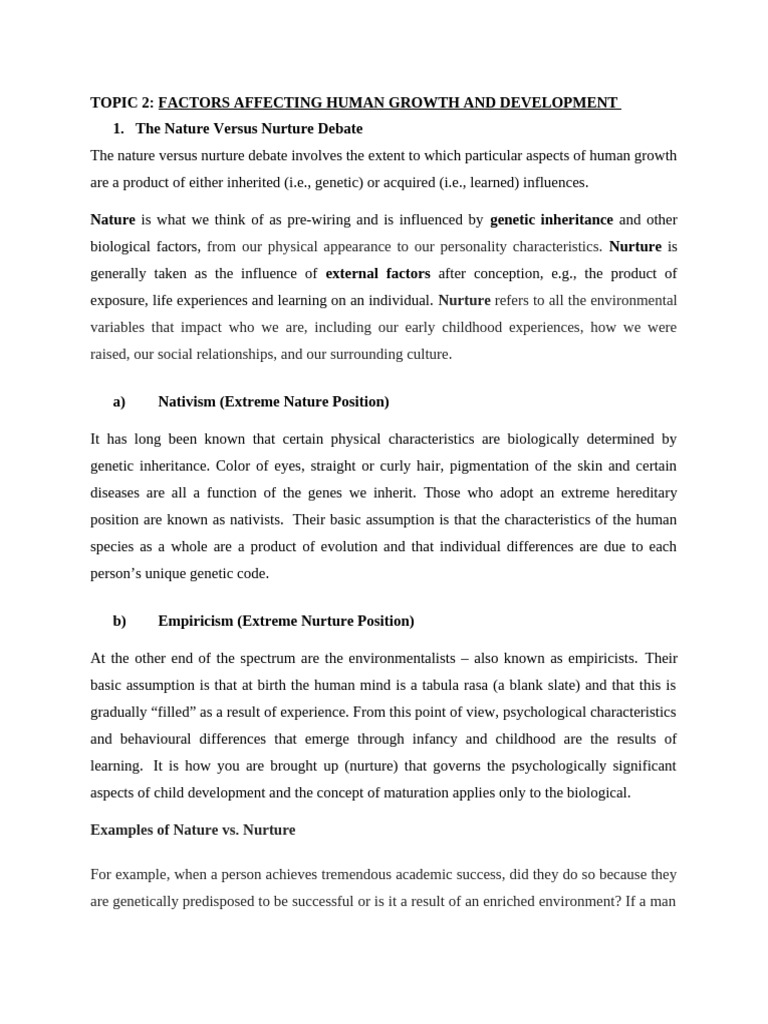 Topic 2 Factors Affecting Growth and Development | PDF | Nature Versus Nurture | Behavior