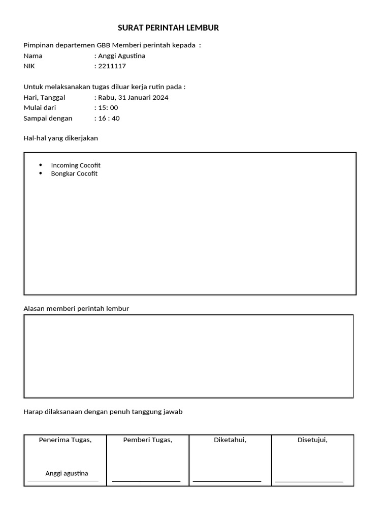 Surat Perintah Lembur | PDF