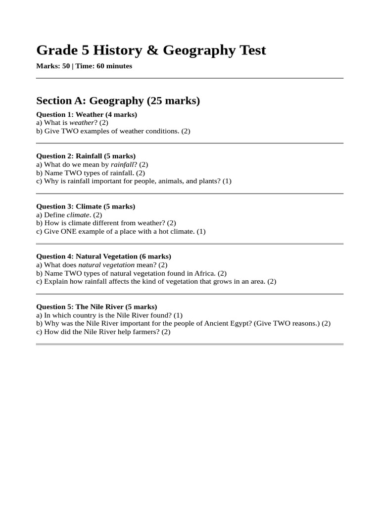 Grade 5 HistGeog Test - Term 3 | PDF
