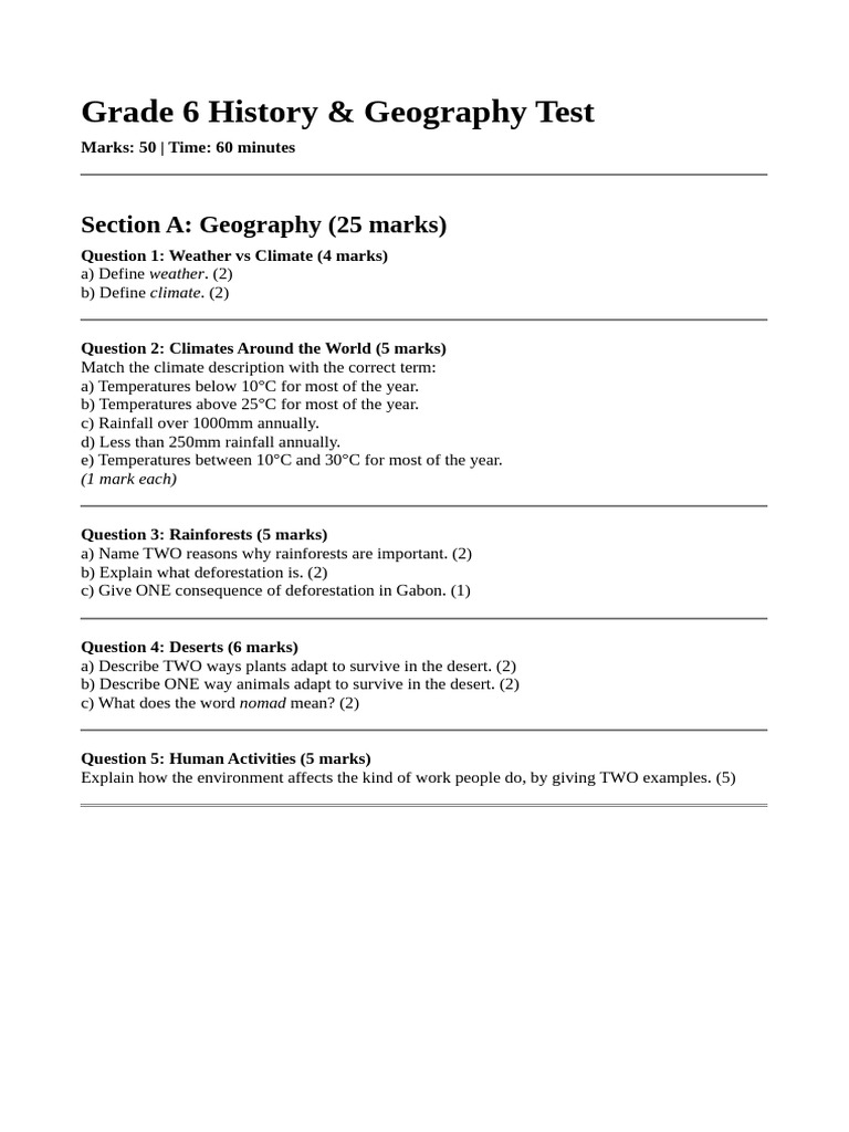 Grade 6 History & Geography Test Guide | PDF