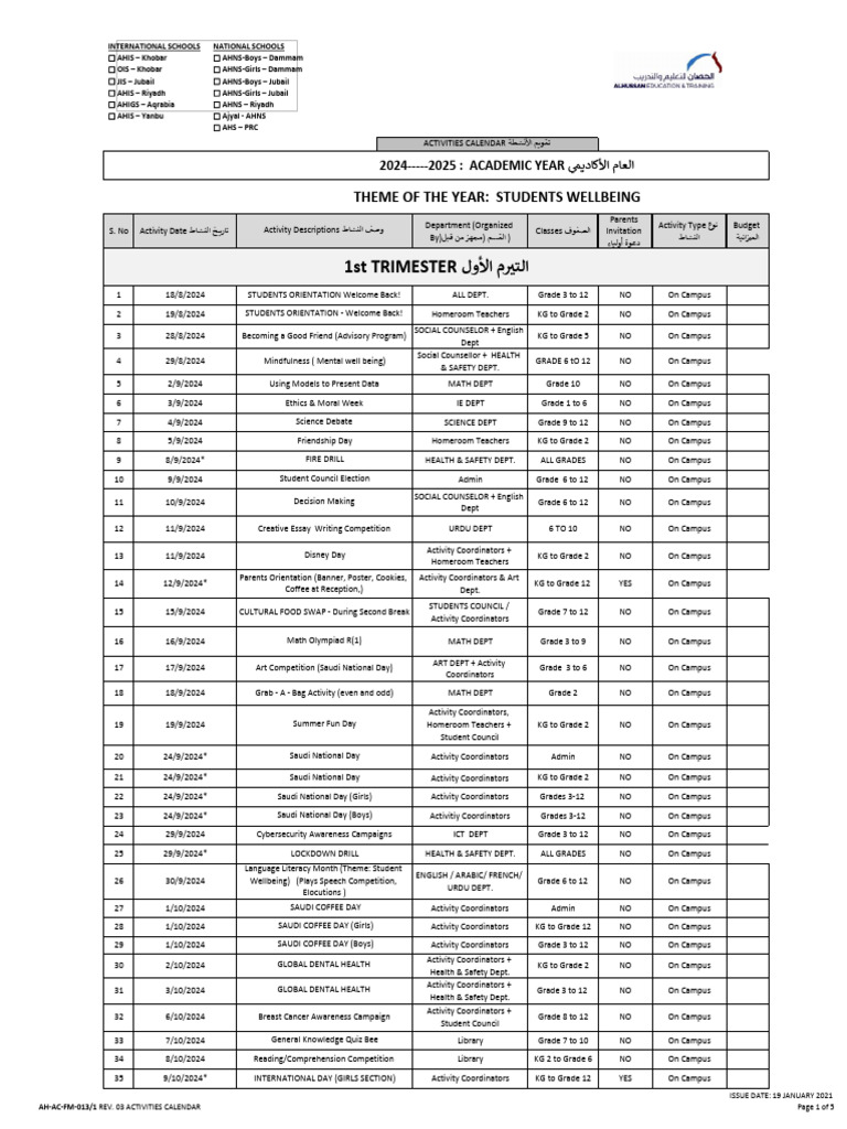 Students Wellbeing Activities Calendar | PDF