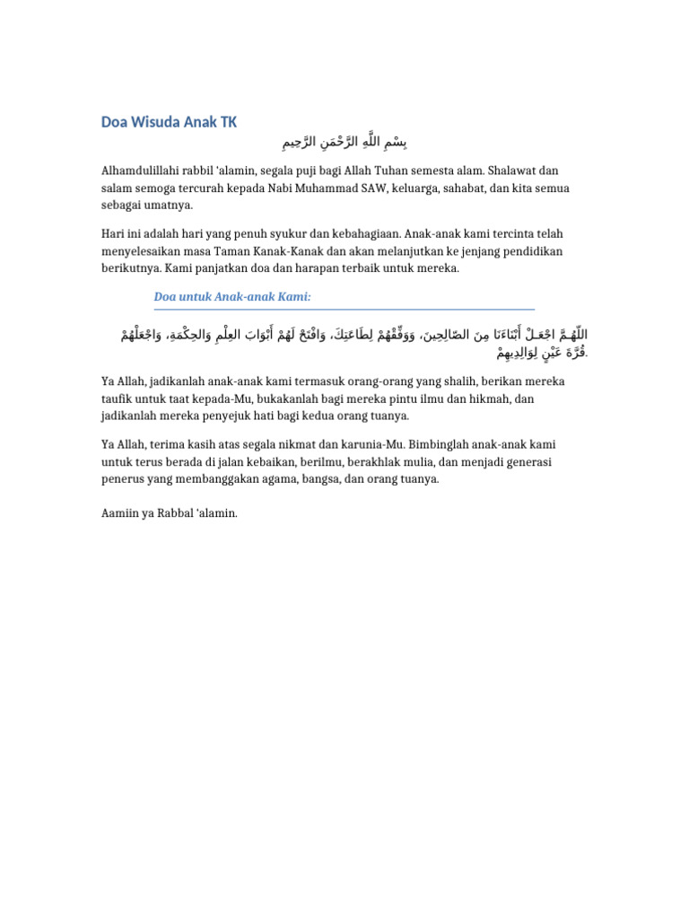Doa Wisuda Anak TK Dengan Bahasa Arab | PDF