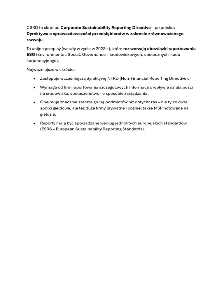 CSRD To Skrót Od Corporate Sustainability Reporting Directive | PDF
