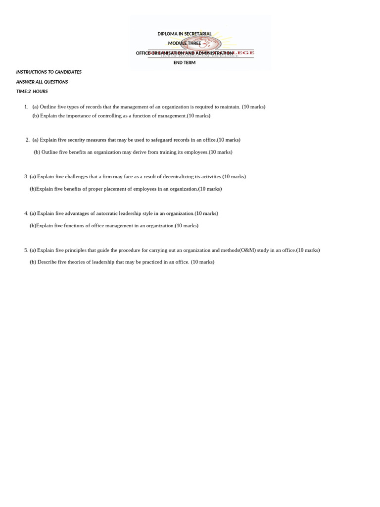 Office Organization & Administration Exam | PDF