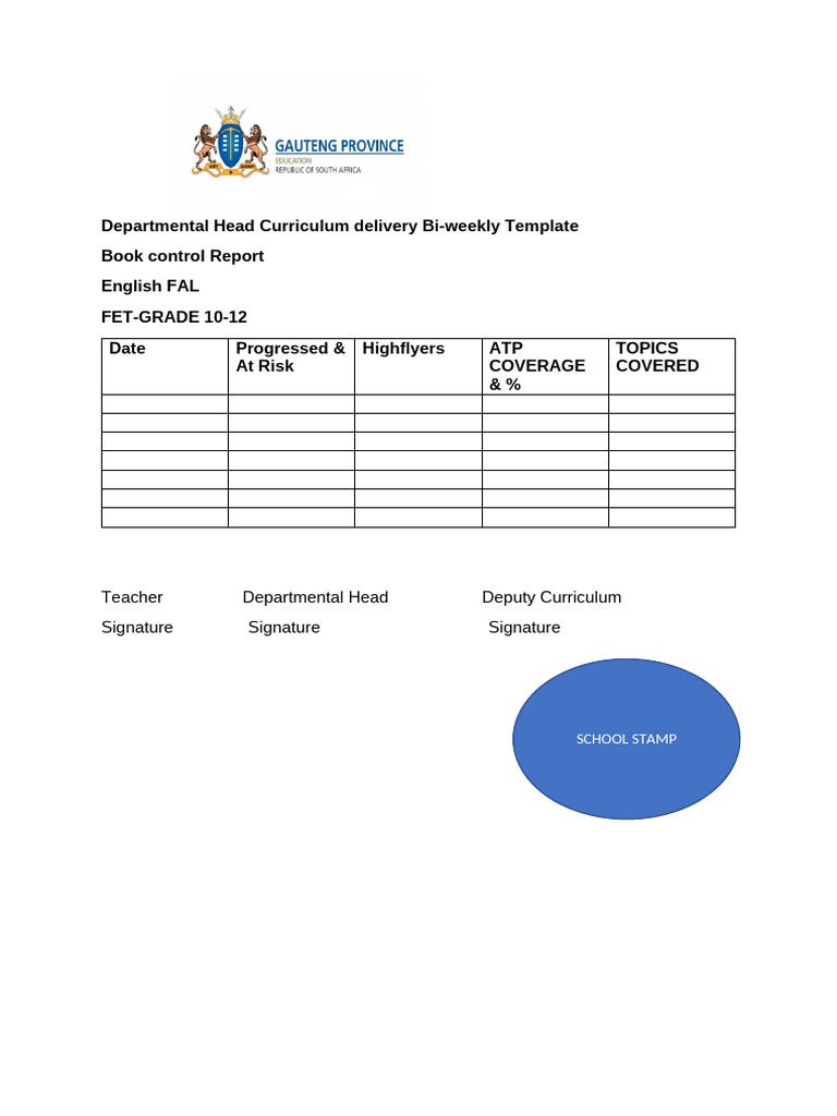 Departmental Head Curriculum Delivery BiWEEKLY BOOK CONTROL | PDF
