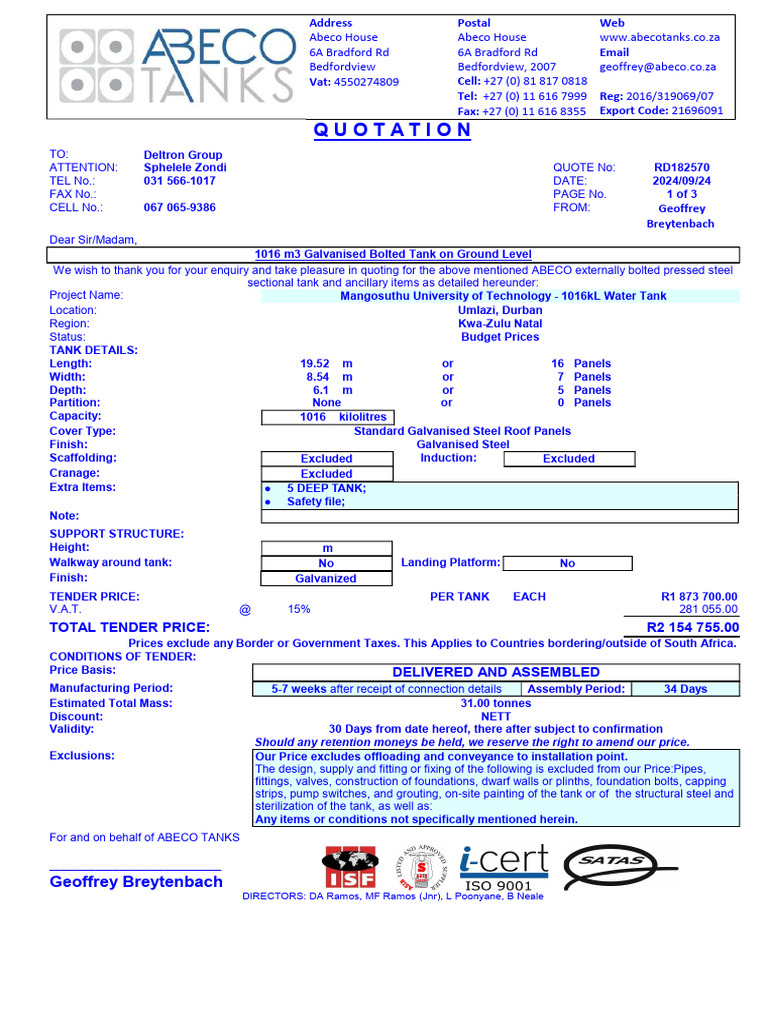 Abeco Tank Quotation for Deltron Group | PDF | Pipe (Fluid Conveyance ...