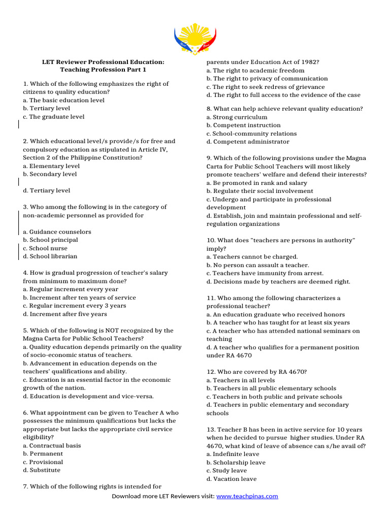 LET Reviewer: Teaching Profession Quiz | PDF | Teachers | Schools