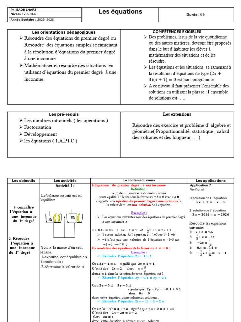 Résolution des équations du 1er degré | PDF | Équations | Mathématiques ...