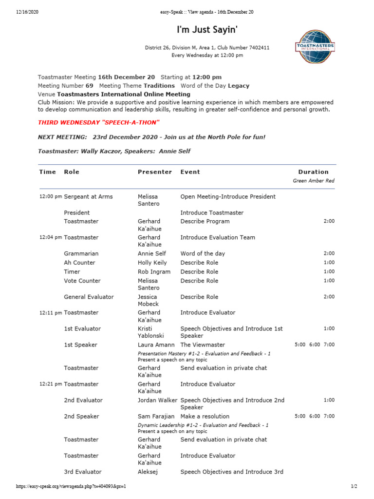 I'm Just Sayin' Club Agenda - 16th December 20 | PDF | Communication