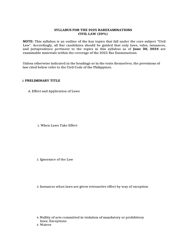 2025 Civil Law Bar Syllabus | PDF | Annulment | Will And Testament