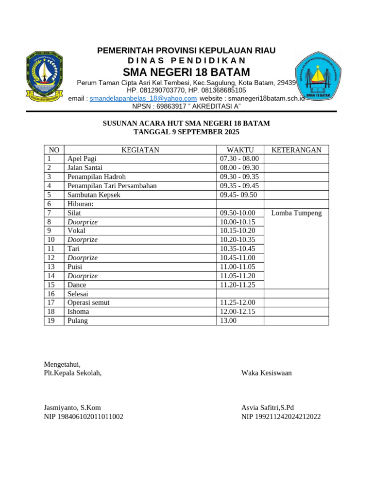HUT SMA Negeri 18 Batam 2025: Agenda Acara | PDF