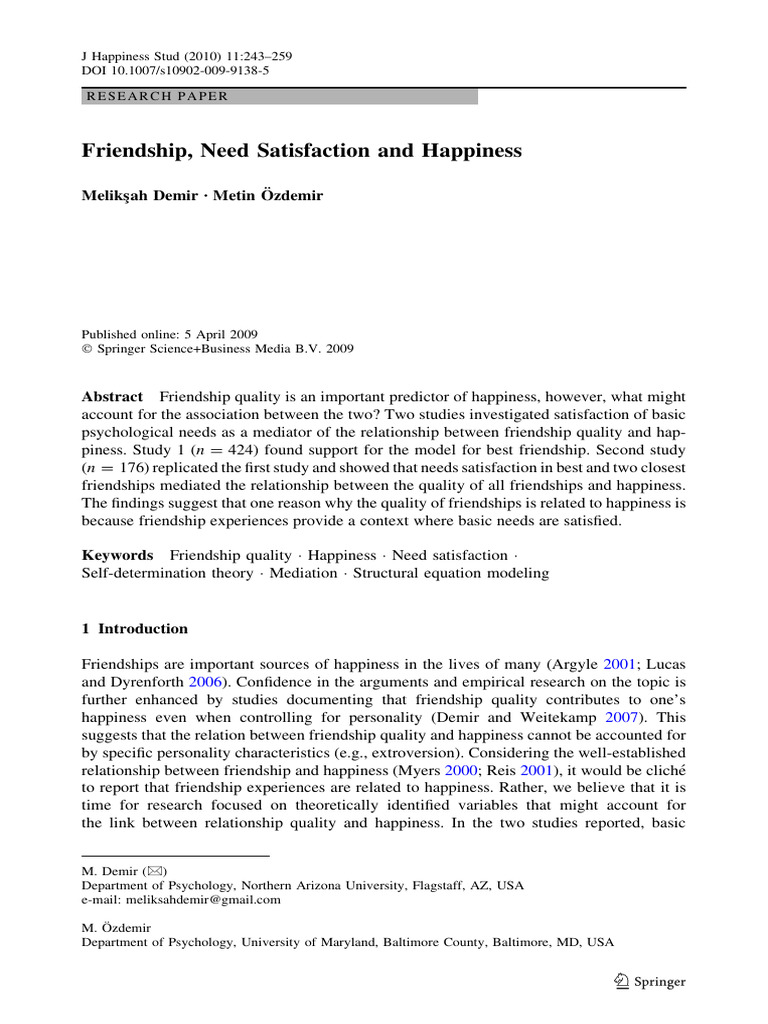Friendship Need Satisfaction and Happine | PDF | Structural Equation ...