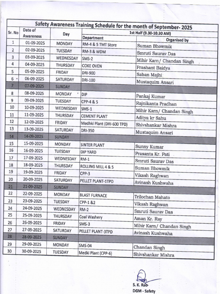 Safety Awarness Training Schedule | PDF