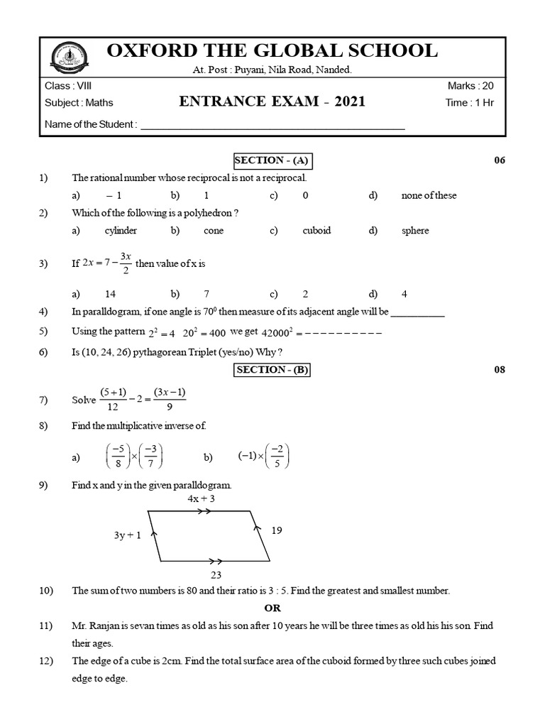 Oxford School Maths Entrance Exam 2021 | PDF | Discrete Mathematics ...