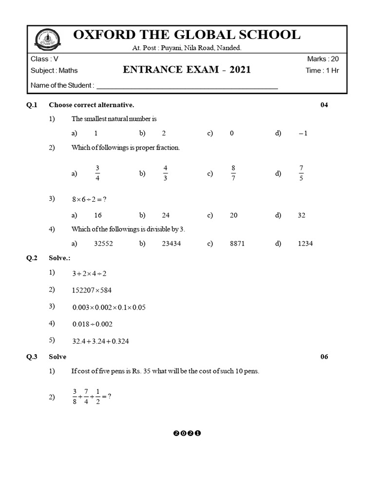 Class V Maths Entrance Exam 2021 | PDF
