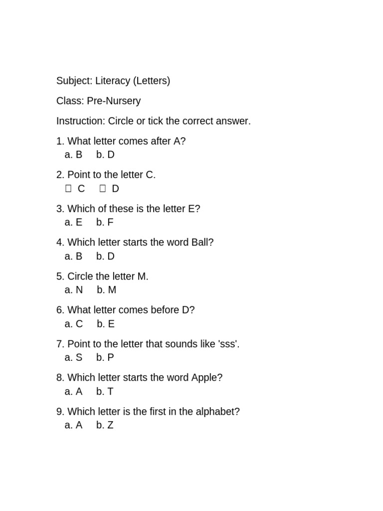 PreNursery Letters Exam | PDF