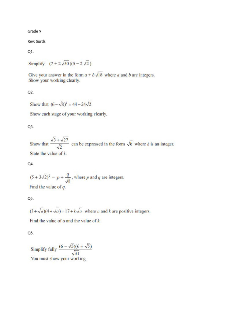 Grade 9 Rev Surds | PDF